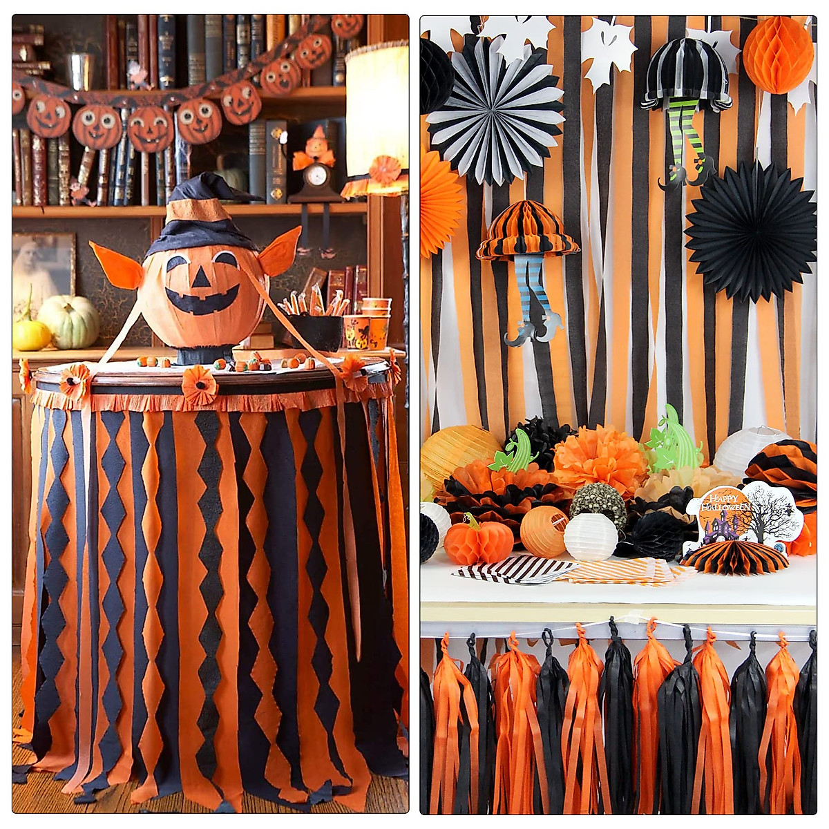 Yomiie 12 Rolls Crepe Paper Streamers, 360 Feet Orange Black Purple Tassels Streamer Paper for Halloween Theme Party Supplies Room Wall Decor Crafts Backdrop Decorations