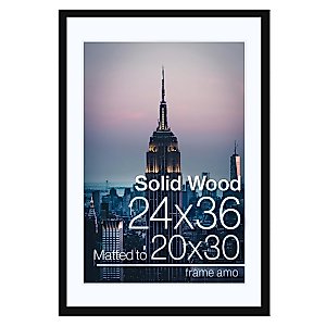 Frame Amo 24x36 Black Solid Wood Picture Frame with 19.5x29.5 White Mat Opening for 20x30 Image, 1 Inch Border, Acrylic Face