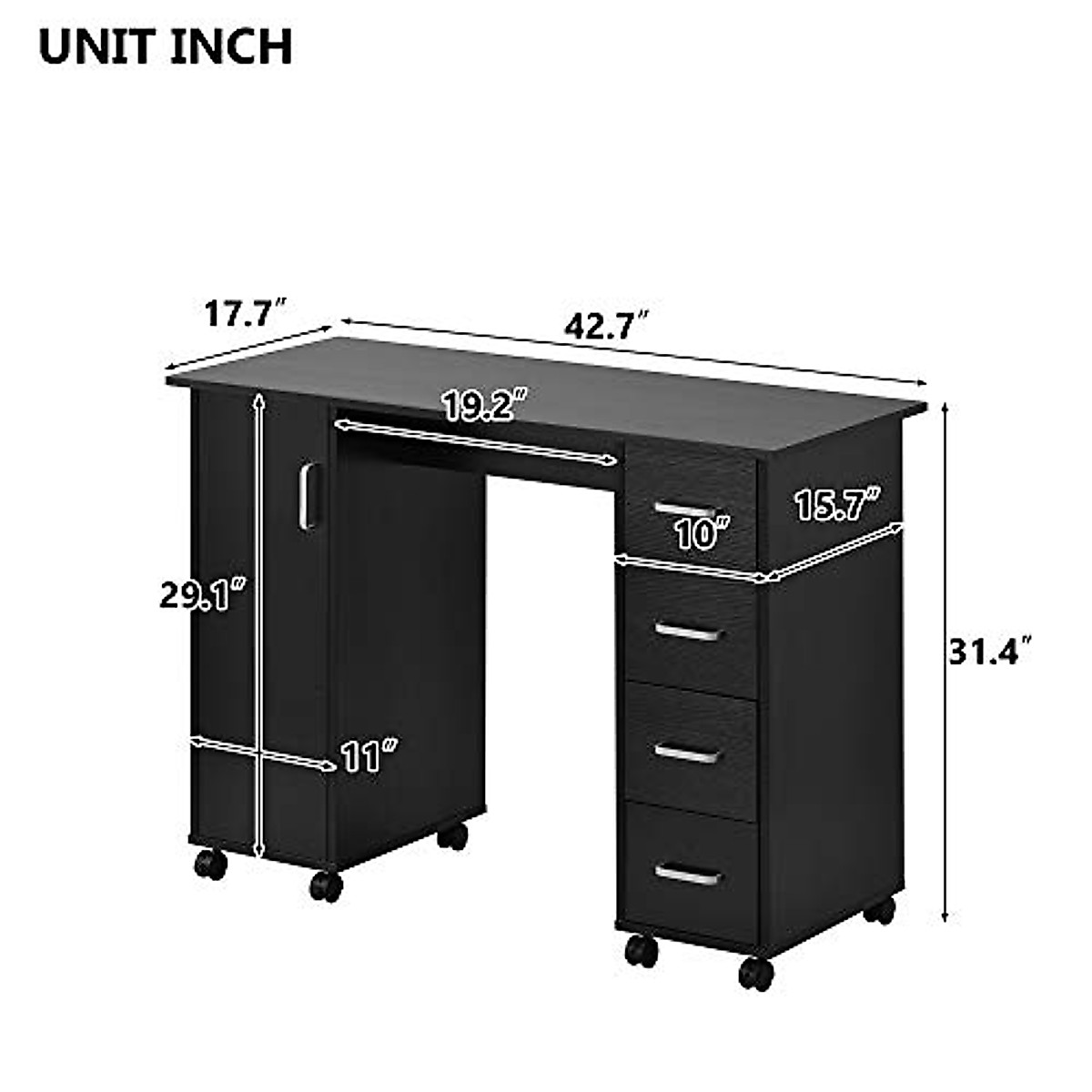 Home Office Desk with Storage, 41.73" Computer Desk with Four Drawers and A Door Modern Simple Style Writing Desk Gaming Sturdy Table Workstation for Home, Reading Room, Office, Bedroom - Black