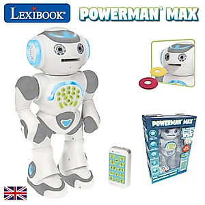 LEXiBOOK Powerman Max - Remote Control Walking Talking Toy Robot STEM Programmable Dances Sings Telling 10,000 Stories 300+ Learning Quiz Shooting Discs and Voice Repeat for Kids 4+ - ROB80EN, White