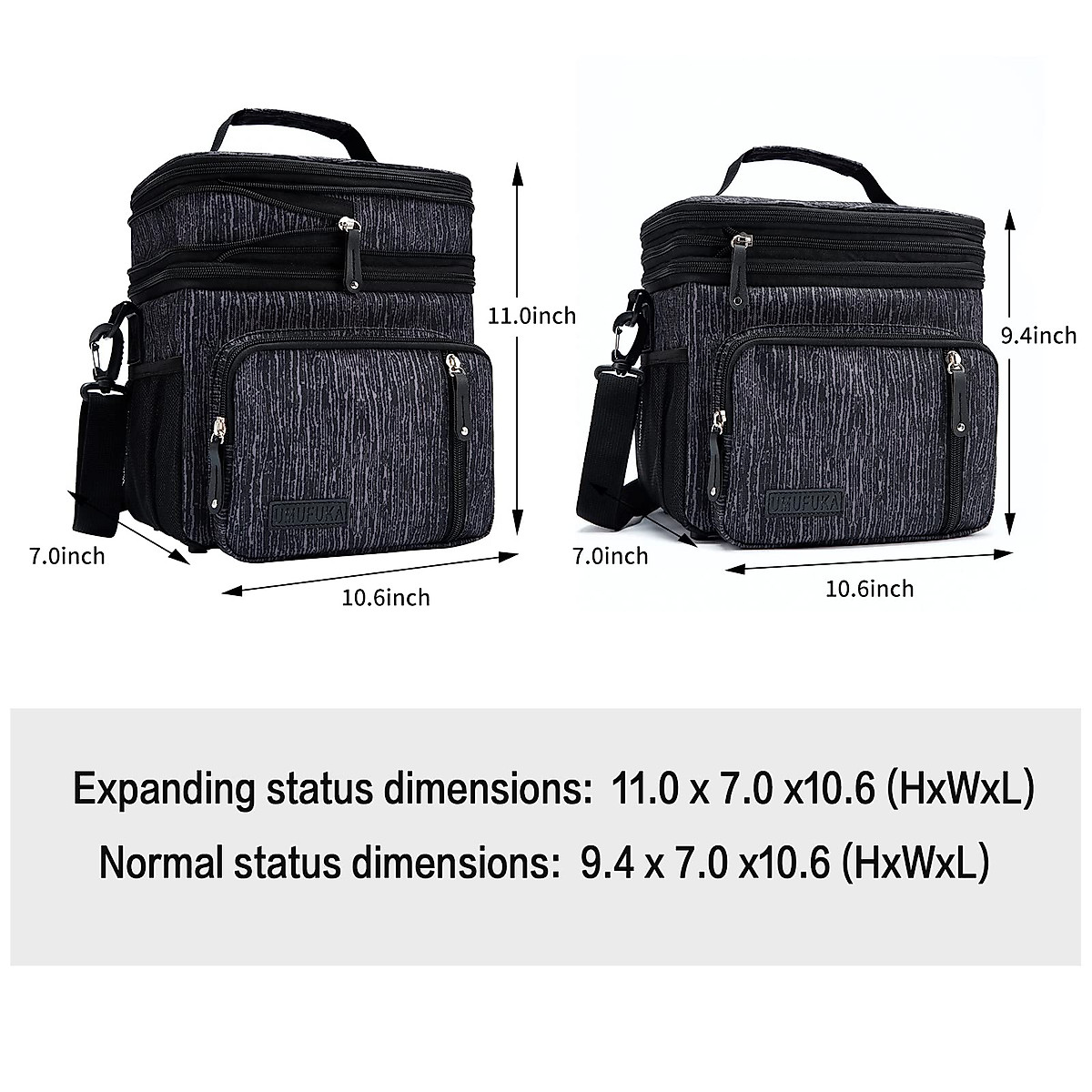 UMUFUKA Men's Double Compartment Lunch Bag, Insulated Lunch Cooler Tote 2 Roomy Large Reusable Water-resistant Lunch Box (Black)