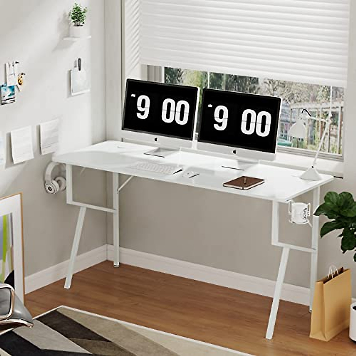 EUREKA ERGONOMIC White Computer Desk, 63 x 24 Inch K Shaped Long Gaming Desk for Home Office Work Study Writing Table with Cable Management, Cup Holder, Headphone Hook, Mouse Pad, Easy to Assemble