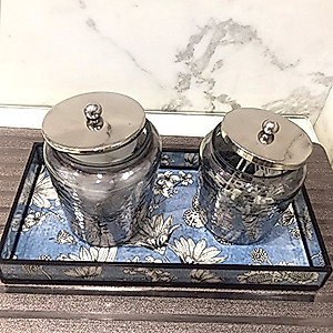 nu steel Decorative Glass Blue Printed Floral Tray, Hand Storage, Towel Rack, Sturdy Holder for Disposable Paper Napkins-Bathroom Vanity Countertop