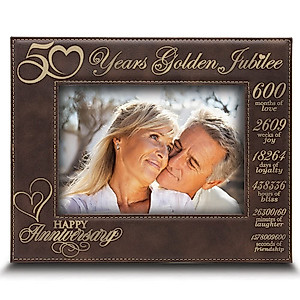 BELLA BUSTA-50 Years Golden Jubilee-50th Anniversary Couple, Husband, Wife - Engraved Leather Picture Frame (5x7 Horizontal)
