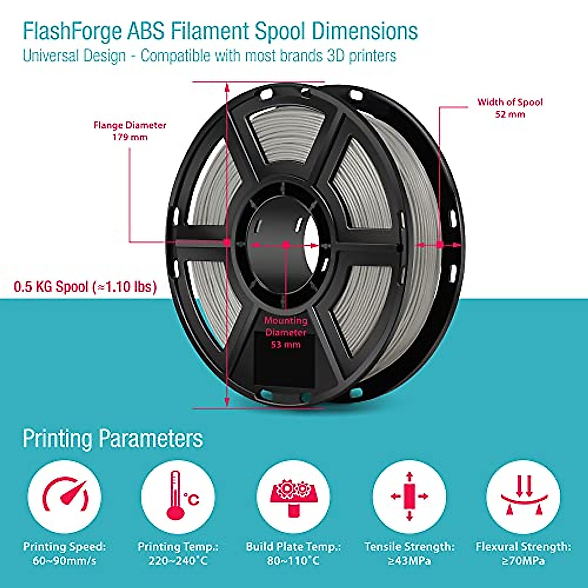 FLASHFORGE D-Series ABS 3D Printer Filament, 1.75mm (Silver), 0.5kg Spool (1.1lbs), Guaranteed Fresh, Dimensional Accuracy +/- 0.02mm, Tangle-Free, Fits Most FDM Printers [Risk-Free]