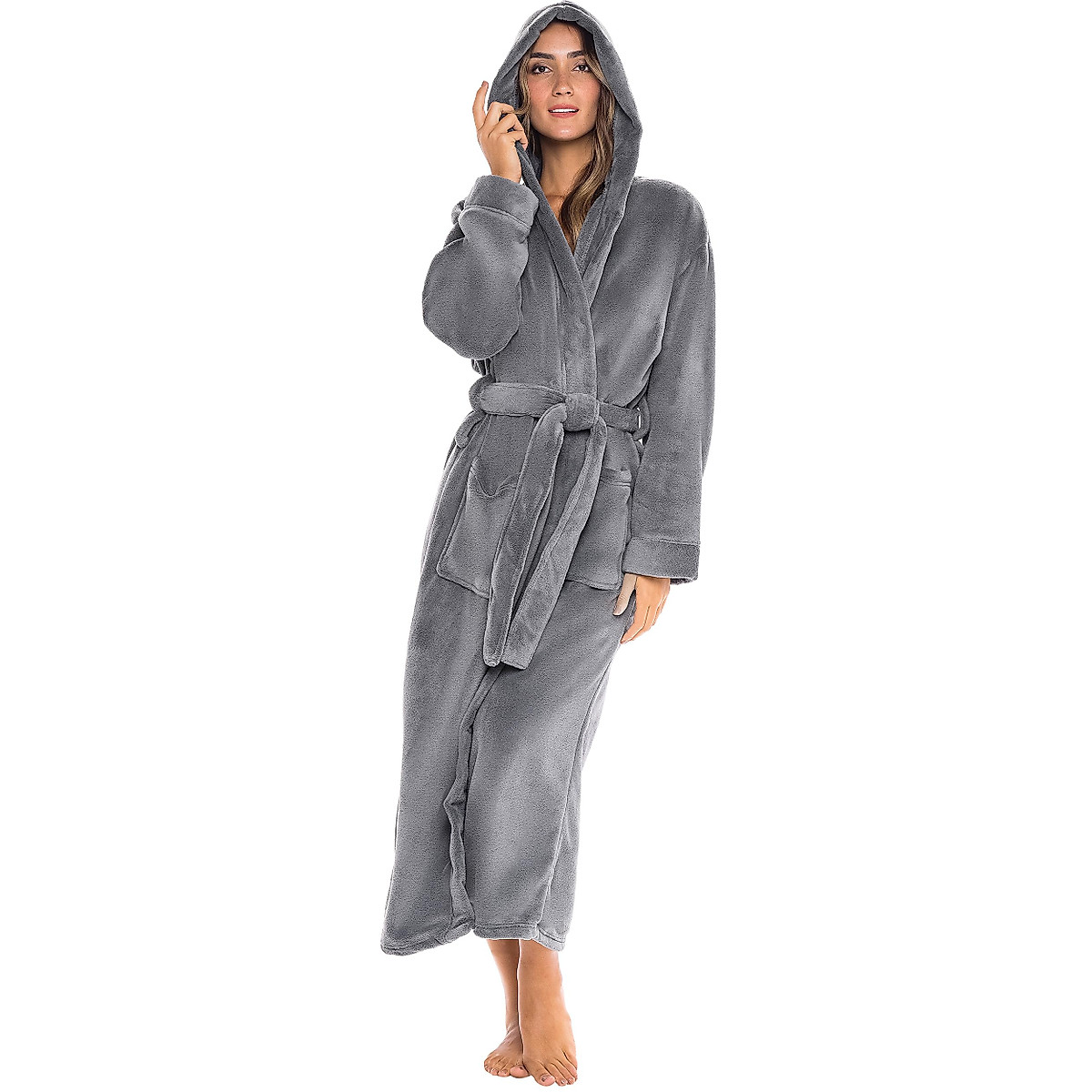 Alexander Del Rossa Women's Robes, Long Plush Bathrobe, Womens Robe with Hood, Hooded Robes for Women Plus Size Robe Steel Gray XL (A0116STLXL)