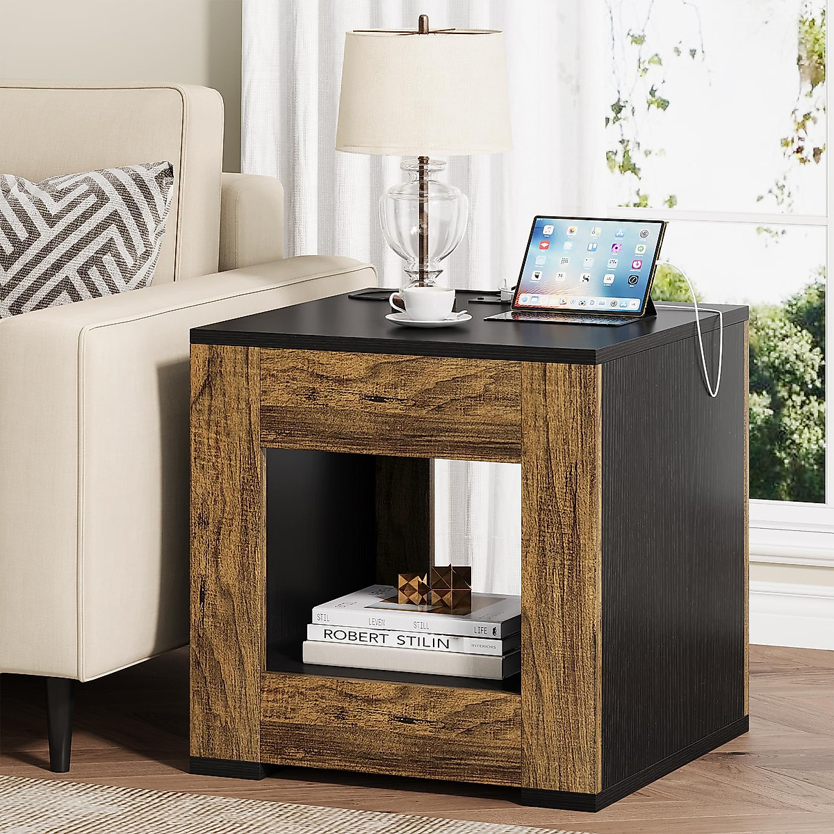 Condemo Farmhouse End Table with Charging Station, Square Nightstand Bedside Table with Drawer and Open Shelf, 2-Tier Sofa Side Table Storage for Living Room, Bedroom, Small Spaces, Brown and Black