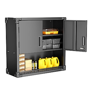 Aobabo Metal Wall Storage Cabinet with Locking Door and 1 Shelf 1 Opened Drawer, Wall-Mounted Storage Cabinet for Garage, Warehouse, Office, Black, Assembly Required