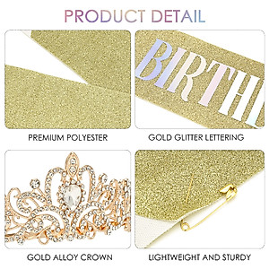 Makone Gold Birthday Princess Crown with Birthday Queen Sash Tiaras for Women or Girls Crystal Headband Hair Accessories for Party Cake Topper