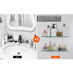 Koilria Glass Shelves, Glass Shower Shelves for Bathroom Tempered Glass Floating Shelves for Wall with Aluminum Brackets, 2 Tiers, 15 x 5 Inches, Drill or No Drill Install