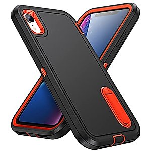 IDweel iPhone XR Case with Build-in Kickstand,Heavy Duty Protection Shockproof Anti-Scratch Rugged Protective Durable Case Hard Cover for iPhone XR 6.1 Inch,Black/Orange