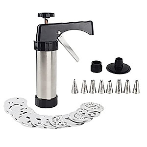 Cookie Press Cookie Press Gun Kit Stainless Steel Cookie Press Gun 13 Cookie Mold Discs 8 Piping Nozzles Cookie Press Christmas Party Fest Decoration DIY Biscuits Cake Decorating Icing Tool