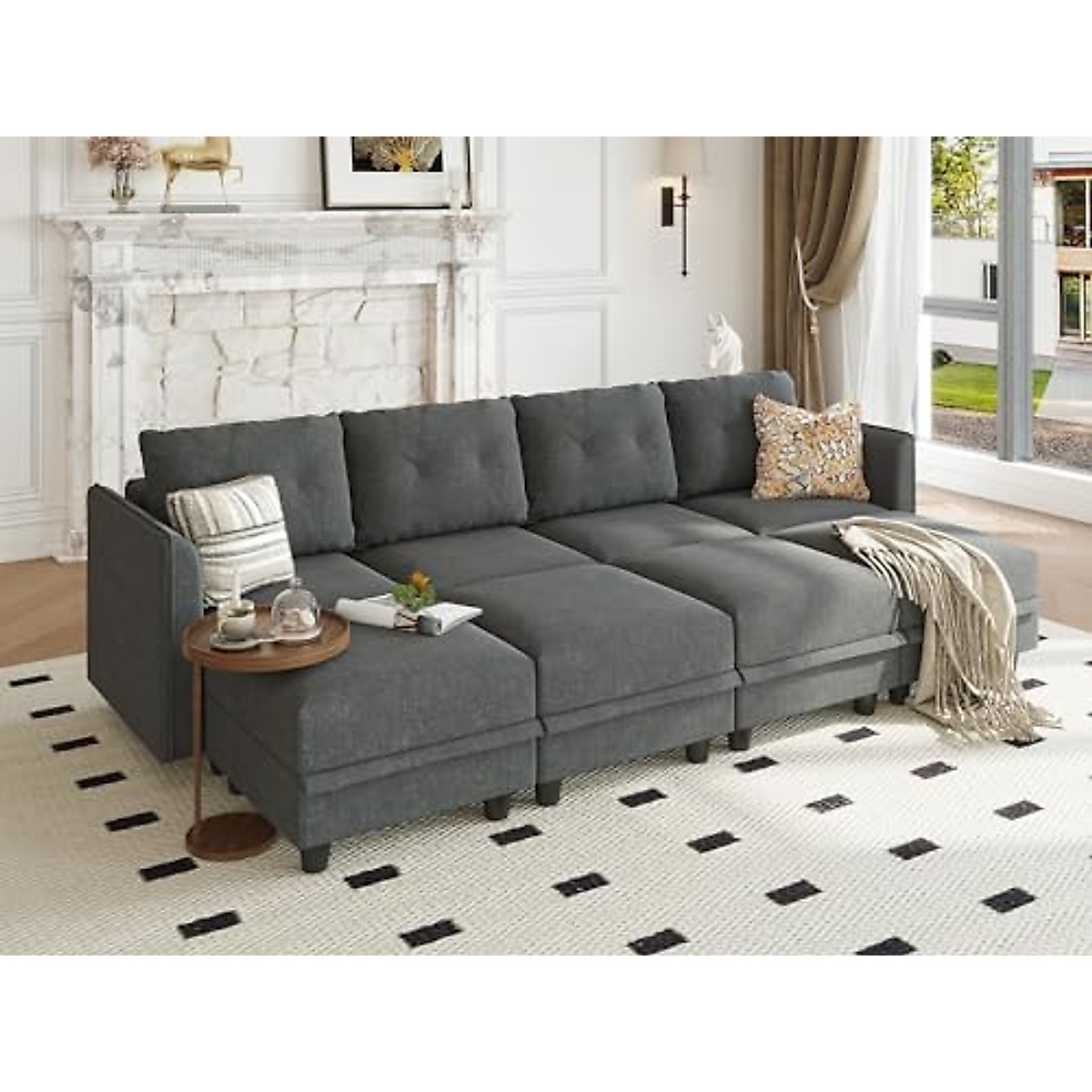 LLappuil Modular Sofa Sectional Sleeper Couch with Reversible Chaise, Oversized 8 Seater Storage Sectionals with Ottoman, Black