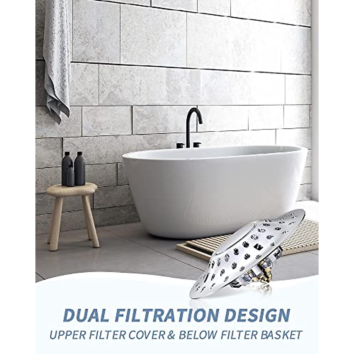 2 in 1 Bathtub Stopper with Drain Hair Catcher, Miaphie Anti-Clogging Tub Stopper with Dual Filtration Design, Pop-up Bath Tub Stoppers Bathtub Drain Plug for 1.45-1.85" Drain Hole