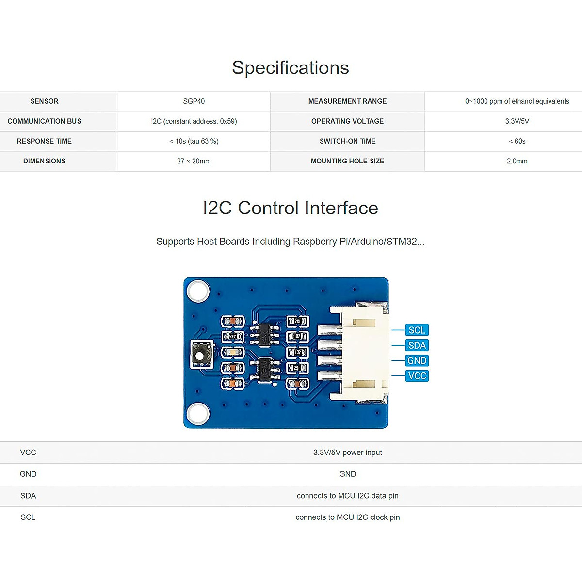 Digital SGP40 VOC (Volatile Organic Compounds) Gas Sensor for Easy Integration Into Air Treatment Devices and Air Quality Monitors, I2C Bus Compatible with Raspberry Pi/STM32