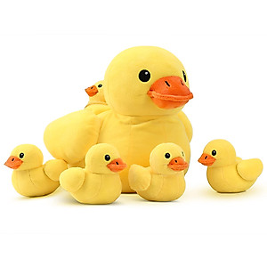 Pegmapri 14" Yellow Duck Stuffed Animal with Babies, Ducky Plush Playset with Zipper Pocket, 5pcs Ducklings Toys Plushie Birthday Gift for Kids Boy Girl