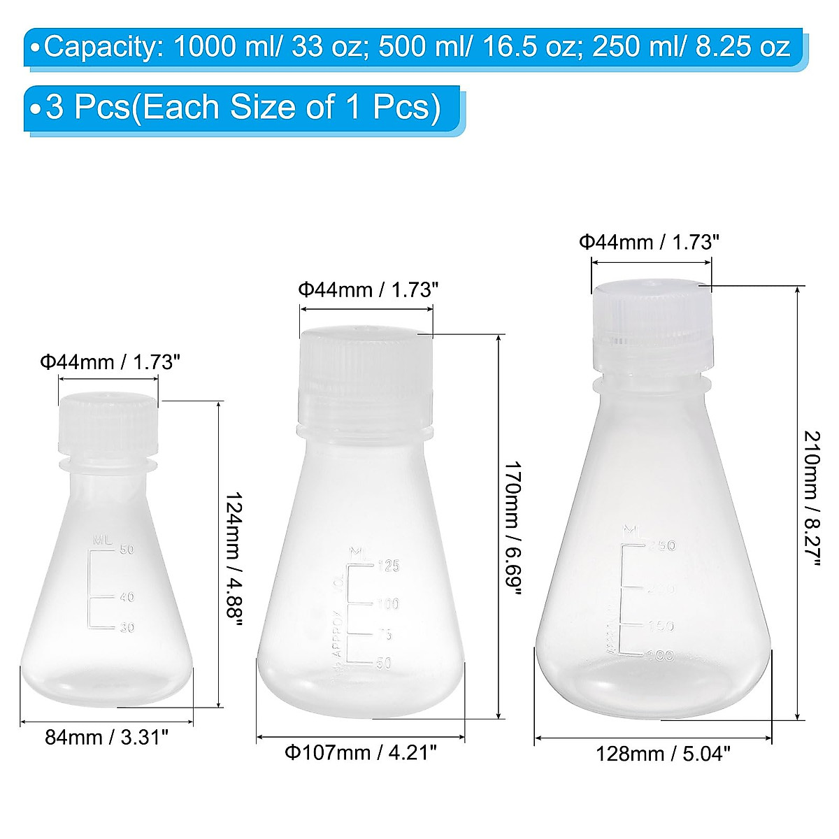 PATIKIL Erlenmeyer Flask, 3 Pcs 50ml 125ml 250ml Narrow Mouth Graduated Flasks with Screw Cap Plastic Flasks with Printed Graduation for Lab Experiment Chemistry Science Study