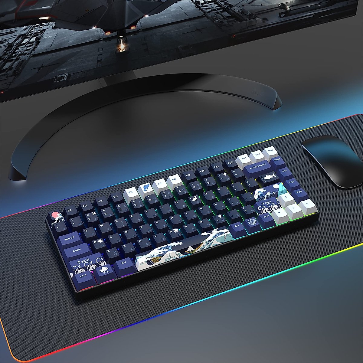 XVX PBT Keycaps 132 Keys, Great Wave Off Kanagawa Japanese Keyboard Keycaps, 5 Side DYE-Sub Custom Keycap Set, Cherry Profile Keycaps for Cherry Gateron MX Switches Mechanical Keyboard