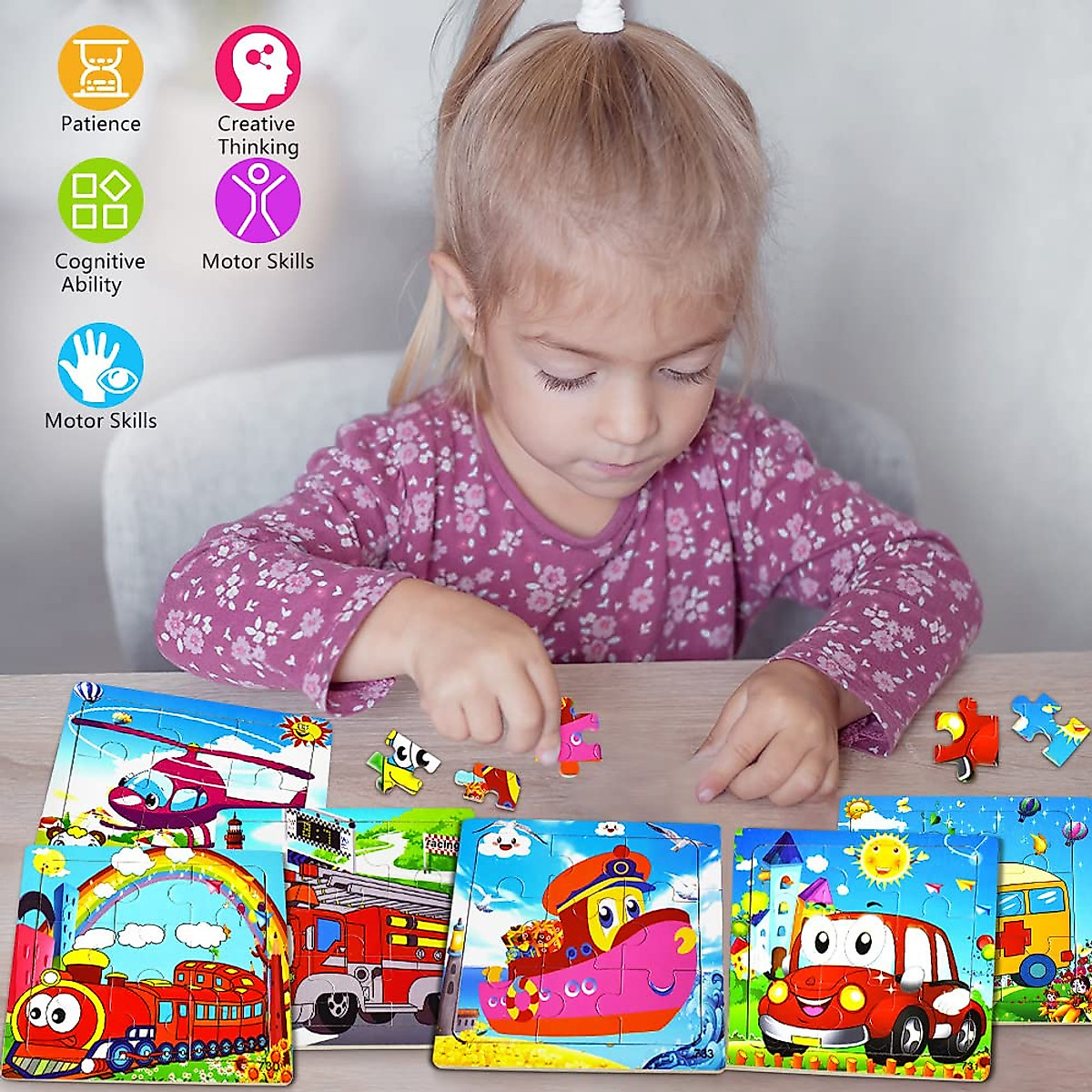 Puzzles Toys for Kids for Age 2-5, 9 Pieces Vibrant Wooden Animals & Vehicle Kids Educational Puzzles for Toddlers, Set of 6 Preschool Puzzle Autism Children Puzzles Learning Toys(6 Puzzles)