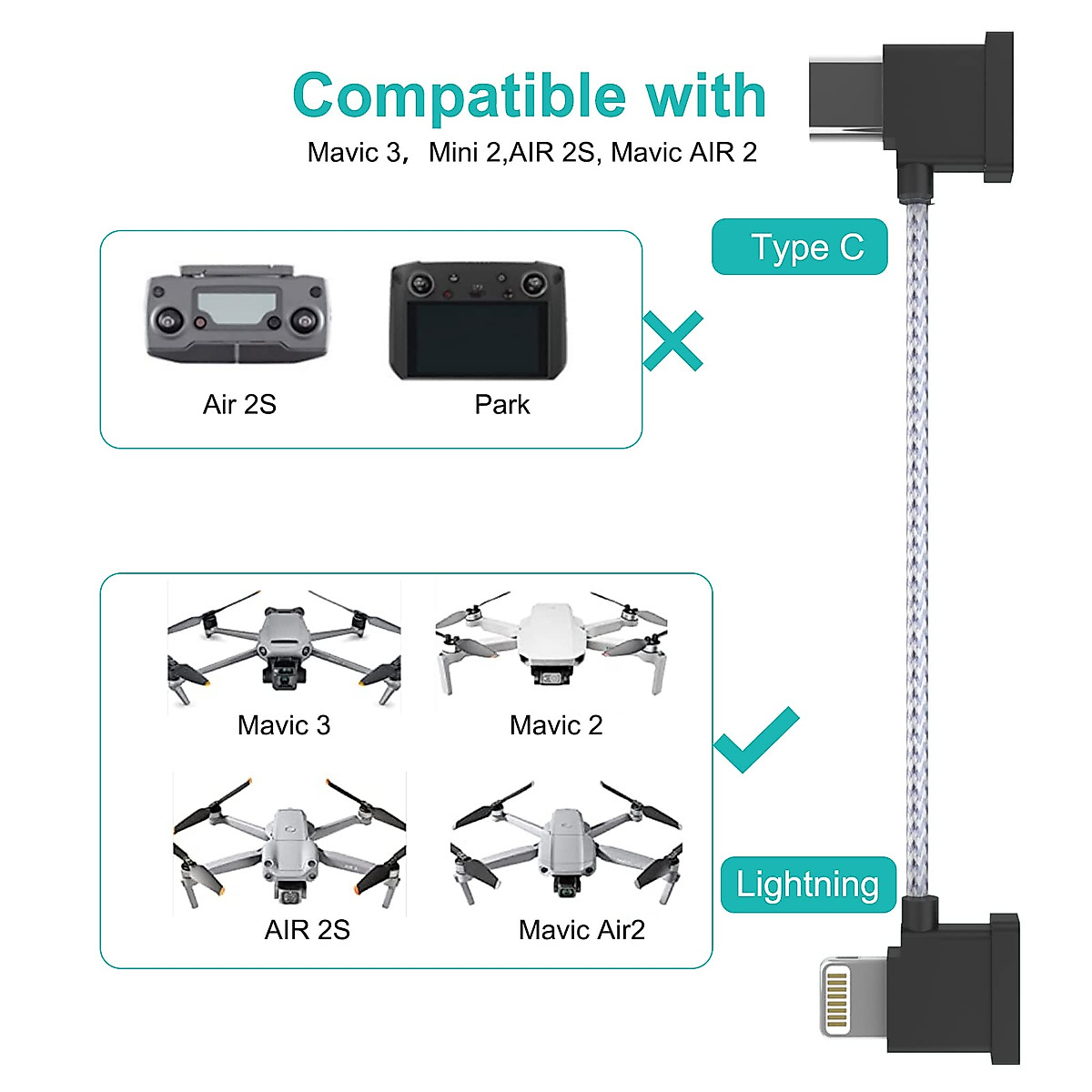 MTAKYI USB C-Lightning 0.5FT/15CM iPhone Charge+Data Remote Controller Cable,for DJI Mavic Air 2,Mavic Air 2S,Mavic Mini 2,Mavic 3,Drone Accessories Nylon Braided OTG Adapter (Apple/iOS Connector)