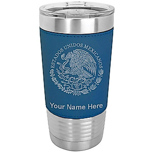 LaserGram 20oz Vacuum Insulated Tumbler Mug, Flag of Mexico, Personalized Engraving Included (Faux Leather, Blue)