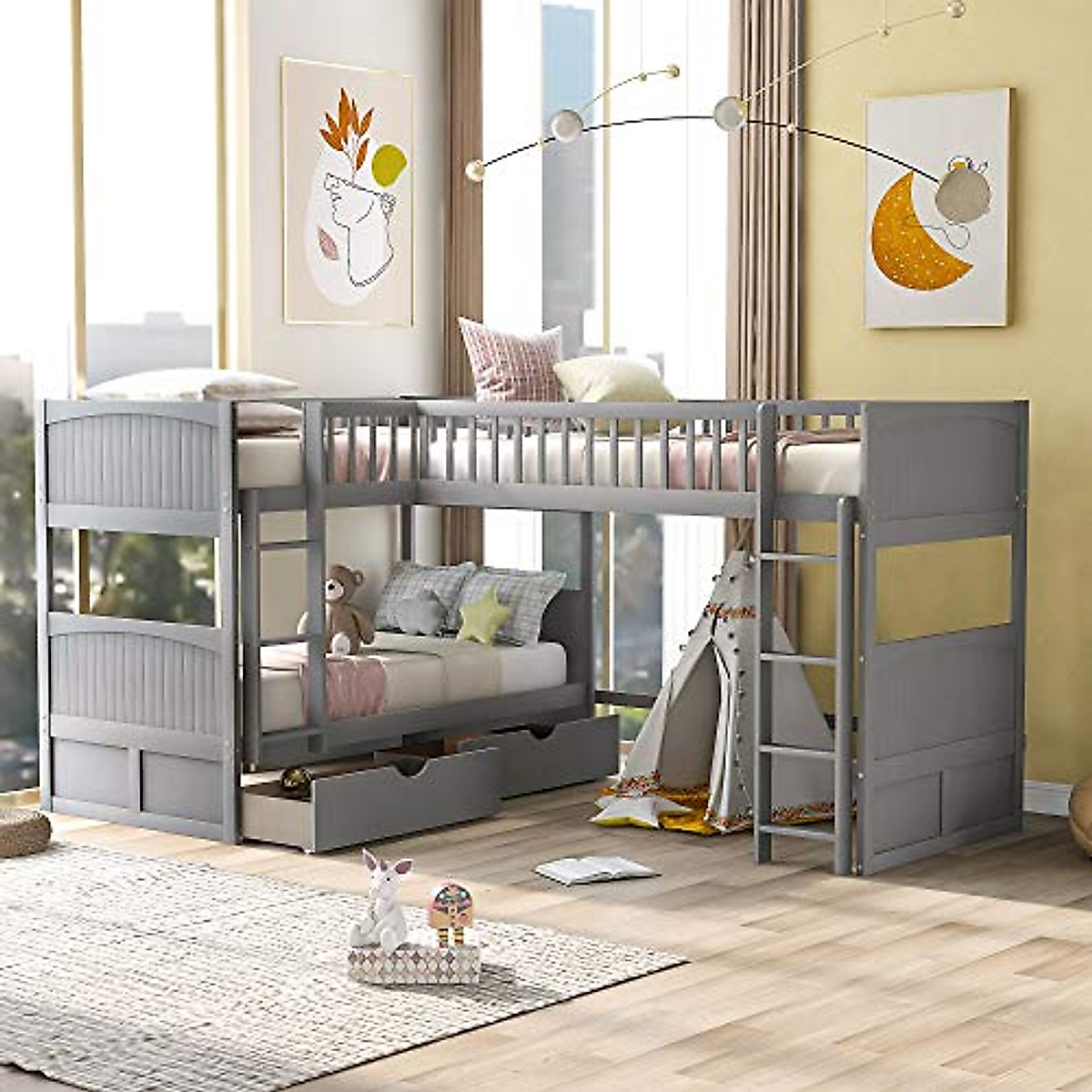Harper & Bright Designs L-Shaped Twin Size Bunk Bed and Loft Bed with Two Storage Drawers and Guardrail (Grey)