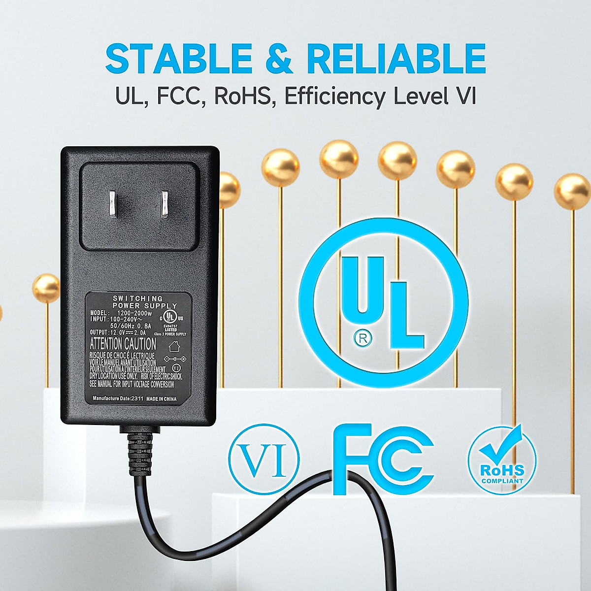 12V 2A AC to DC Regulated Power Supply Adapter, 2000mA 24W AC Adapter for CCTV Security Camera Surveillance System DVR NVR LED Light Strip Router Razor Power Core Roku Media Player and More, UL FCC