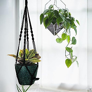 Self Watering Hanging Planters & Macrame Plant Hangers Plastic Flower Pots with Cotton Rope Hanging Baskets for Indoor Outdoor Boho Home Decor Black Green Speckled Set of 3