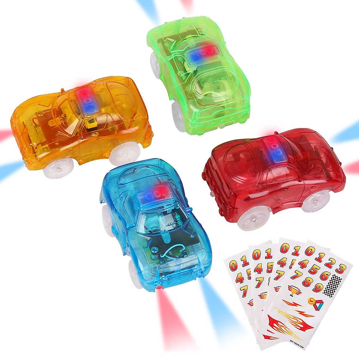 4 Pack Track Cars Magic Toy Car Glow in The Dark Cute Race Cars Replacement Track Accessories Car with 5 Flashing LED Lights Compatible with Most Tracks Set as for Kids Boys and Girls