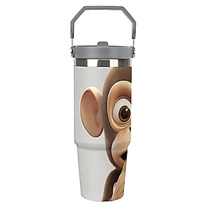 BWQJKUO Large Capacity Car Cup 30 Oz Stainless Steel The Silent Monkey Printed Travel Mug Leak-proof Flip Straw Tumbler with Handle,keeps Cold Or Ho