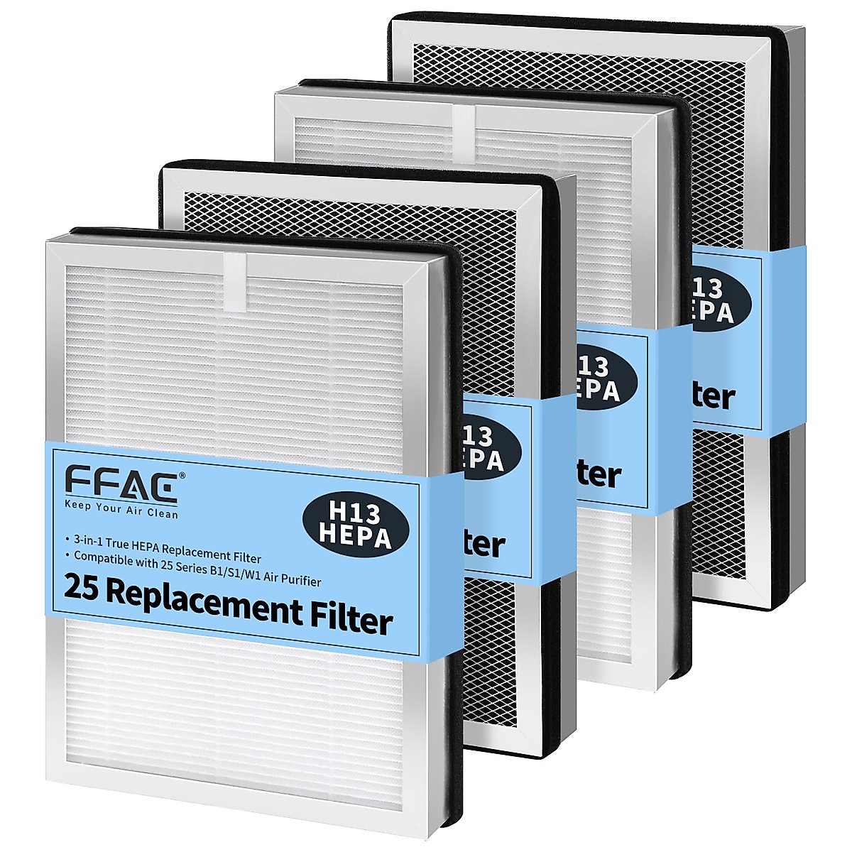 4 Pack Replacement Filter Compatible with MA-25 Air Purifier S1/W1/B1, 3-in-1 Filter System of Pre-Filter, Activated Carbon Filter and H13 True Hepa Filter