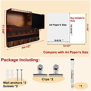 HEKOOLA Farmhouse Key and Mail Holder for Wall Decorative, Rustic Mail and Key Organizer for Wall with Different Hooks, Chalkboard, Key Holder Wall Mount with Shelf, Basket, Clips(Pine Wood, Brown)