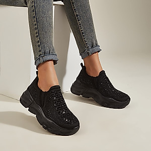 LUCKY STEP Women Rhinestone Chunky Sneaker Platform Sparkly Elastic Slip On Walking Shoes(Black Rhinestone,7.5 B(M) US)