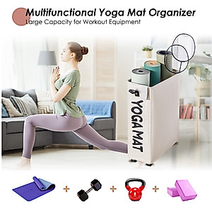 Caroeas Yoga Mat Storage Rack, 27 inches X-Large Yoga Mat Holder Accessories, Home Gym Equipment Storage Yoga Mats, Women Men Workout Equipment Organization with 4 Wheels, White