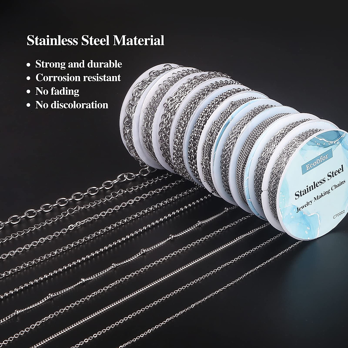 Ecoofor Necklace Chains for Jewelry Making, 78.7 Feet 10 Rolls 304 Stainless Steel Jewelry Chains for DIY Necklace Bracelet Jewelry Making with Stainless Steel Jump Rings/Lobster Clasps/Connectors