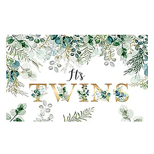 Funnytree 82" x 59" It's Twins Baby Shower Backdrop for Party Green Forest Leaves Birthday Photography Background Cake Table Decoration Banner Supplies Photo Booth Props