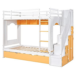 HomSof Twin Over Twin Bunk Bed with Trundle,Stairs,Ladders Solid Wood Bunk Bed with Storage Cabinet （White + Yellow）