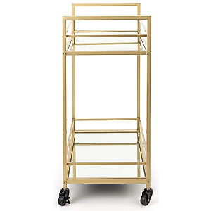 Displays2go Rolling Metal Bar Cart, Mirrored Glass Shelves, Four Swiveling Casters - Gold (FSBEVCART1)