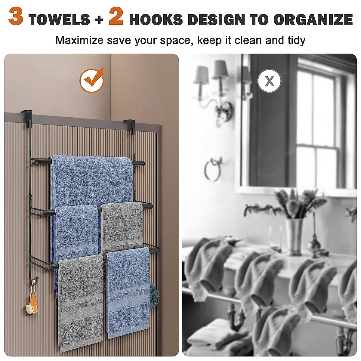 Livabber 3-Tier Over The Door Towel Rack, All Metal Towel Rack with Hooks for Door Hanging, Behind Door Towel Bar Towel Storage Holder for Bathroom Accessories, 19.37" L x 5.9" Wx 24.4" H(Black)