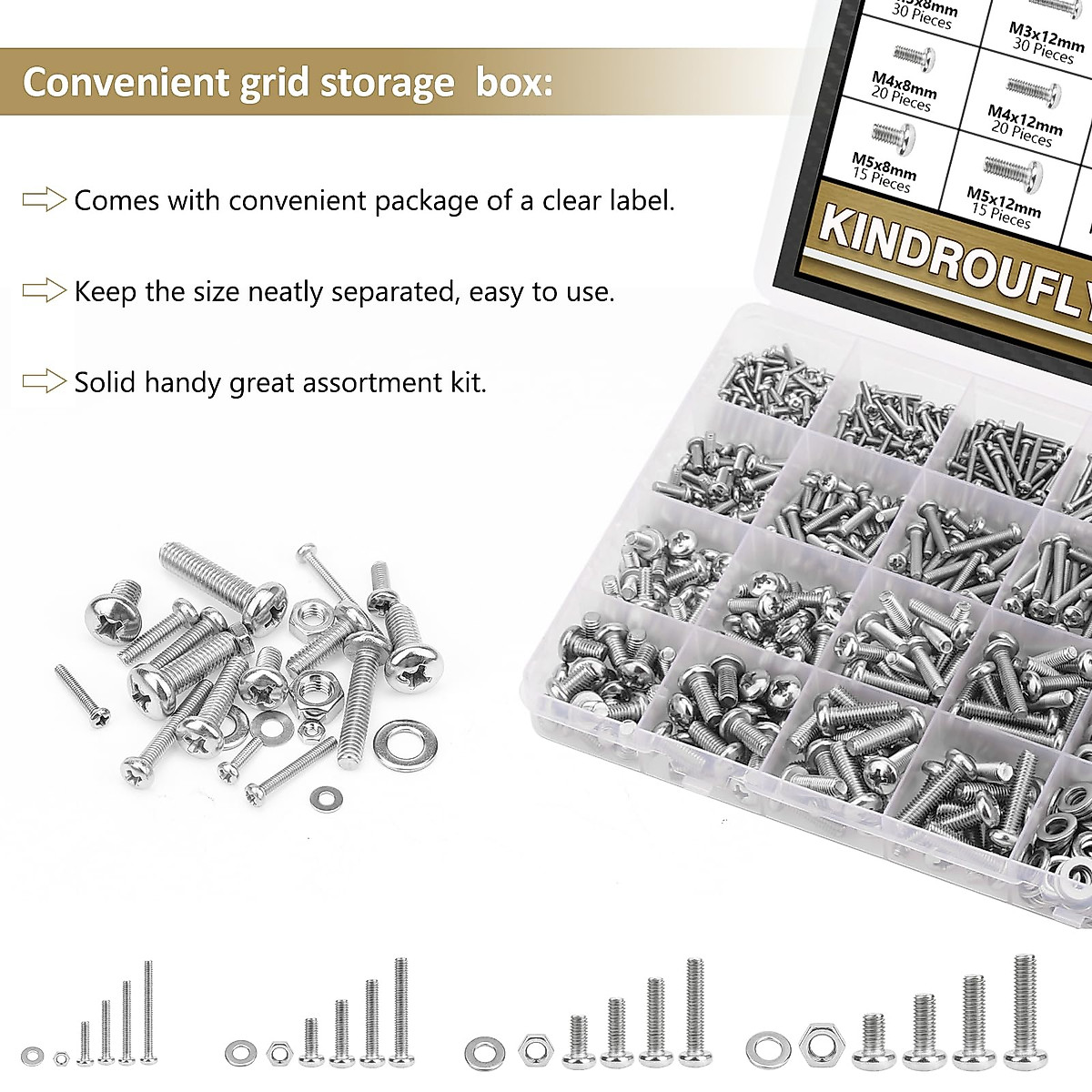 Kindroufly 1285 Pieces M2 M3 M4 M5 Screws Nuts Washers Assortment Kit, Metric Screw Set, Bolts and Nuts, Machine Screws, Fully Machine Thread (Silver, Phillips Pan Head Machine Screws Kit)