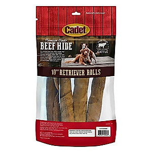 Cadet Premium Grade Beef Hide for Dogs, Long Lasting Rawhide Retriever Rolls, Single Ingredient Dog Chews, Peanut Butter Flavor, 10 Inch (4 Count)