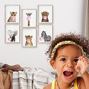 Designs by Maria Inc. Set of 6 UNFRAMED safari animal kids blowing pink bubblegum nursery decor | Cute animal pictures | Animal posters safari wall decor | Animal bubbles play room Wall Art (8"x10")