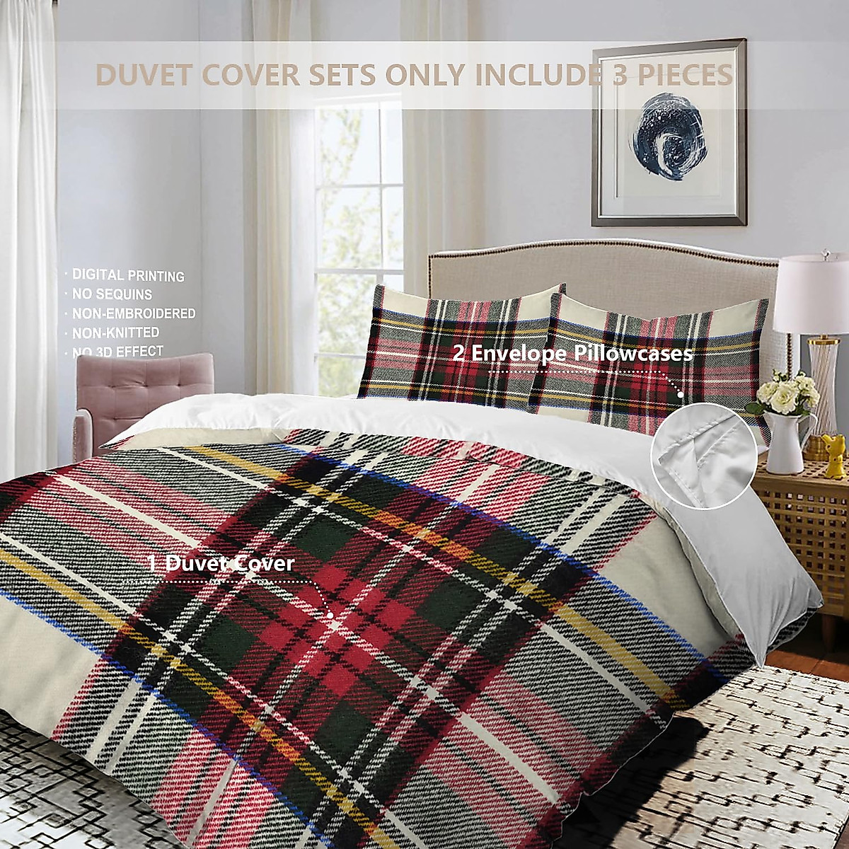 BaoNews Scottish Tartan Duvet Cover Set Twin Size,3 Pieces Green Wool Plaid Symmetric Square Fashion Bedding Set Hotel Quality PolyesterComforter Cover Set with 2 Pillowcases(No Filler)