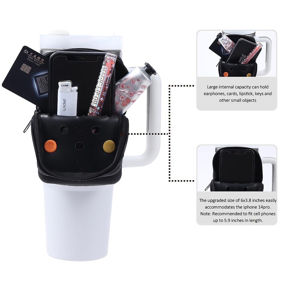 HCVUINL Silicone Water Bottle Pouch with 5 Charms, Water Bottle Handheld Caddy for Quencher Adventure 40oz & Stanley IceFlow 20oz 30oz,Tumbler Pouch Sports Gym Bottle Accessories,Black