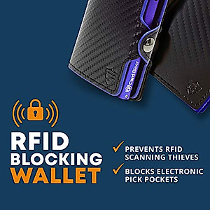 Card Blocr Pop Up Credit Card Wallet, RFID Blocking Credit Card Holder for men, Cool Wallets for Men in Carbon Wallet Design, Compact Card Holder Wallet for Secure Storage (Blue Carbon Fiber)