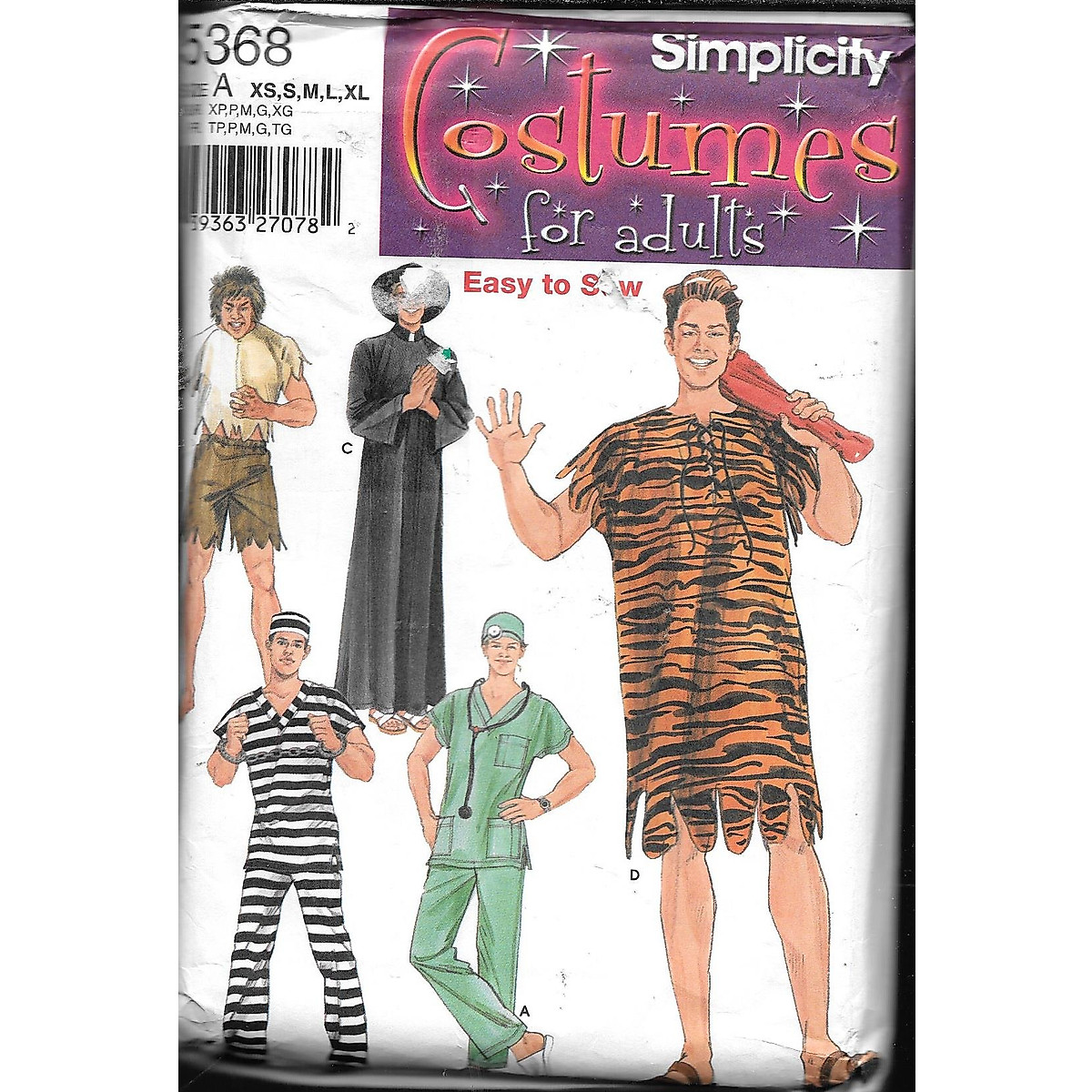 Simplicity 5368 sewing pattern Mens Costumes Surgeon, Priest, Changeling, Prisoner, Cavman makes sizes XS, S, M, L, XL