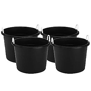 Homz Durable Plastic 17 Gallon Stackable Round Utility Storage Container Bucket Tub with Strong Nylon Rope Handle, Black (4 Pack)