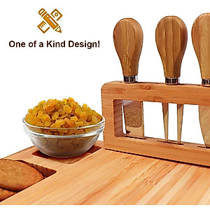 Bamboo Cheese Board Set Charcuterie Platter Serving Meat Board Including 4 Stainless Steel Knife and Serving Utensils for Christmas Wedding Birthday Anniversary