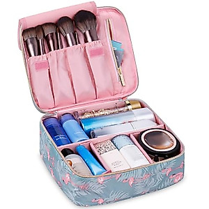 Narwey Travel Makeup Bag with Brush Compartments，Portable Cosmetic Bag，Make up Bag Makeup Organizer Case with Brush Storage for Women (Flamingo)