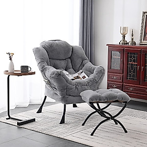 Welnow Lazy Chair with Ottoman, Modern Lounge Accent Chair with Armrests and a Side Pocket, Leisure Sofa Chair Set, Reading Chair with Footrest for Small Space, Corner Chair, Plush Grey